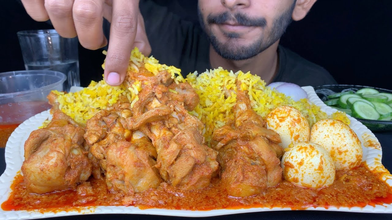 ASMR:Eating Chicken Leg Piece, Rice, Egg Curry, Gravy, and Salad ...