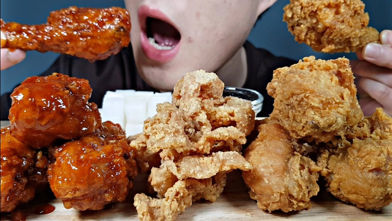 ASMR FRIED CHICKEN SPICY CHICKEN AND FRIED CHICKEN SKIN MUKBAND BBQ 황금 ...