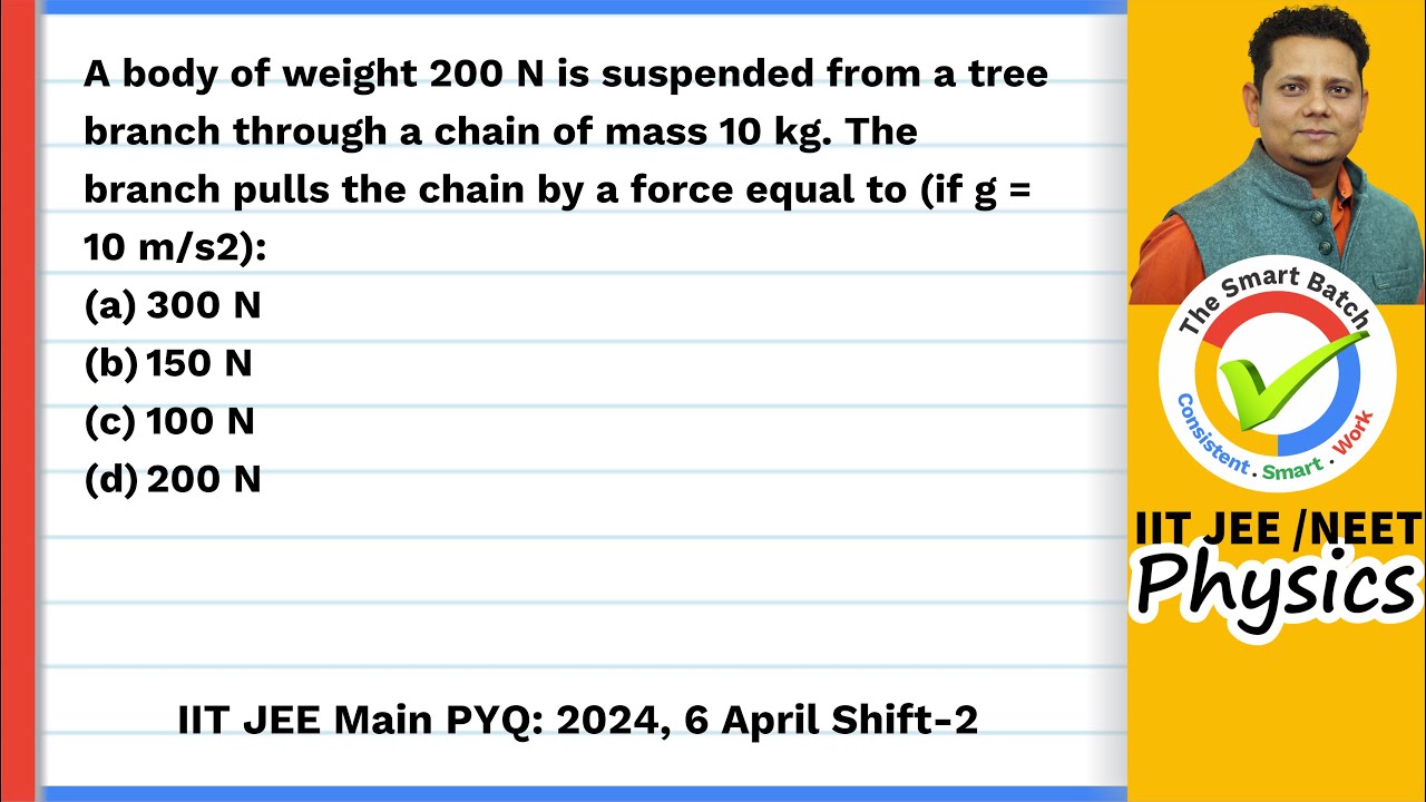 A body of weight 200 N is suspended from a tree branch through a chain ...