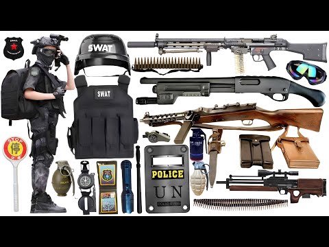 Special police weapon toy set unboxing, gold Gatling machine gun, AWM sniper rifle, bomb dagger
