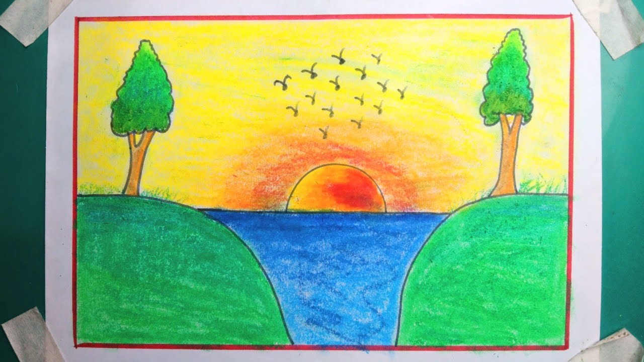 sunrise scenery drawing 😍 sunrise scenery painting 😍 easy drawing ...