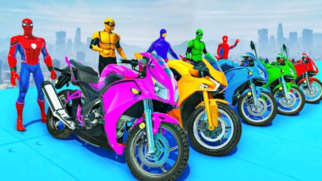SPIDERMAN AND ALL SUPERHEROES RACING MOTER CYCLES. cartoon creative ...