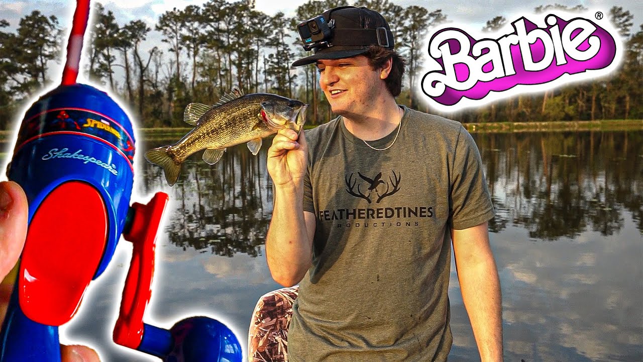 BASS FISHING WITH BARBIE RODS!! (HOOKED A GIANT) - YouTube