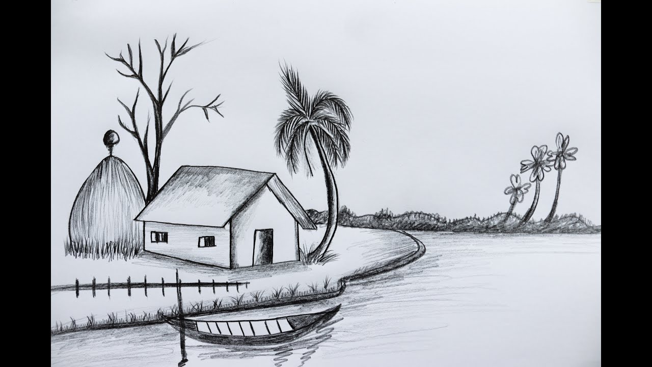 River side Village scenery drawing step by step | Easy drawing River ...
