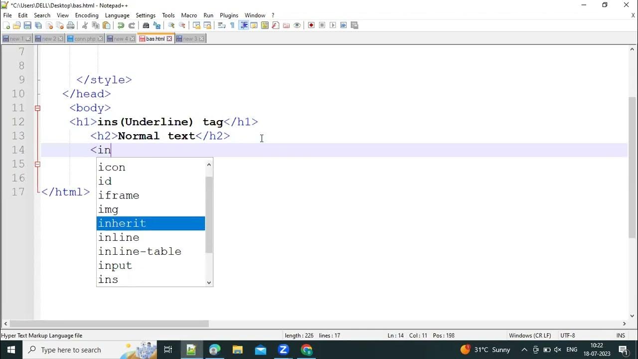 How to underline text using ins tag in HTML - YouTube