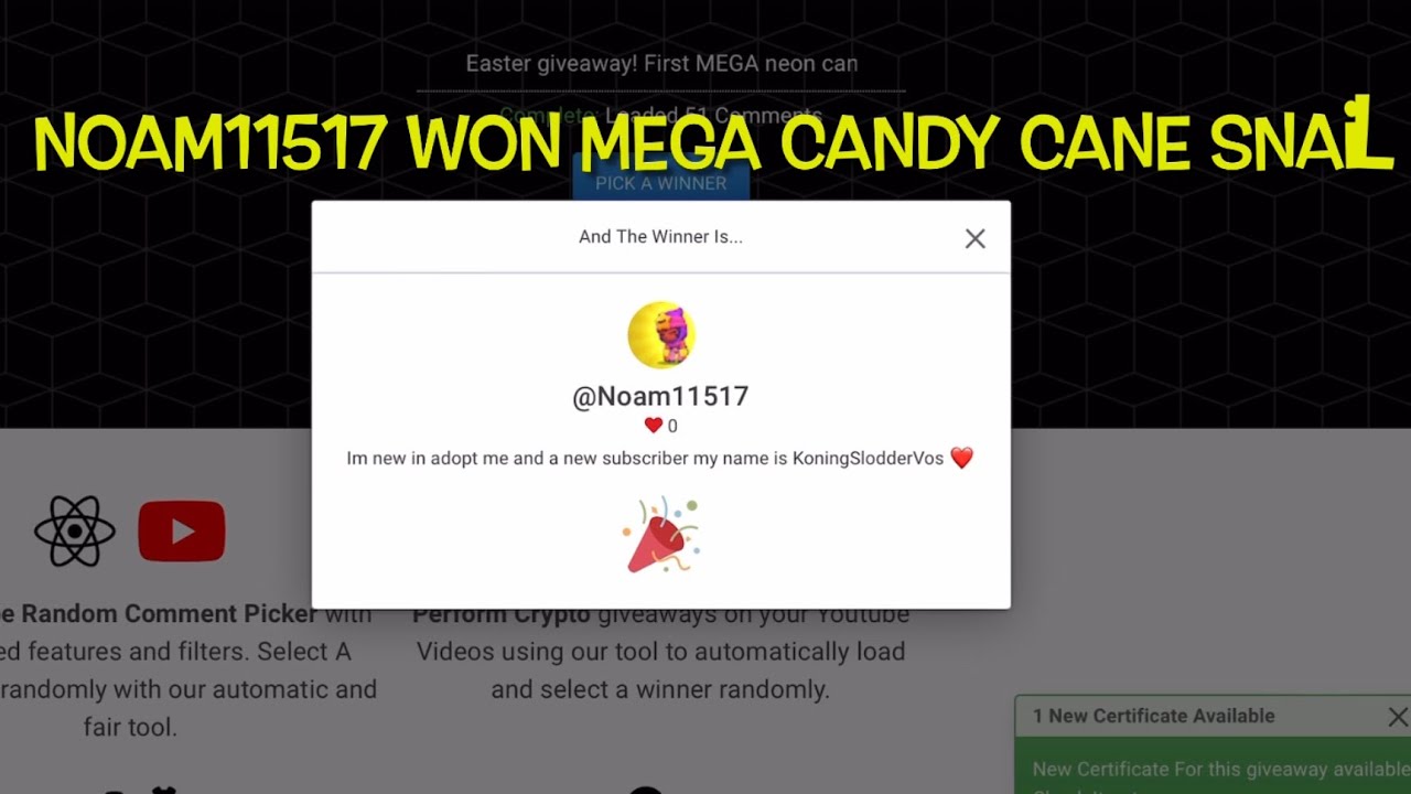Picking winner of the Mega neon candy cane snail giveaway. 52 people ...
