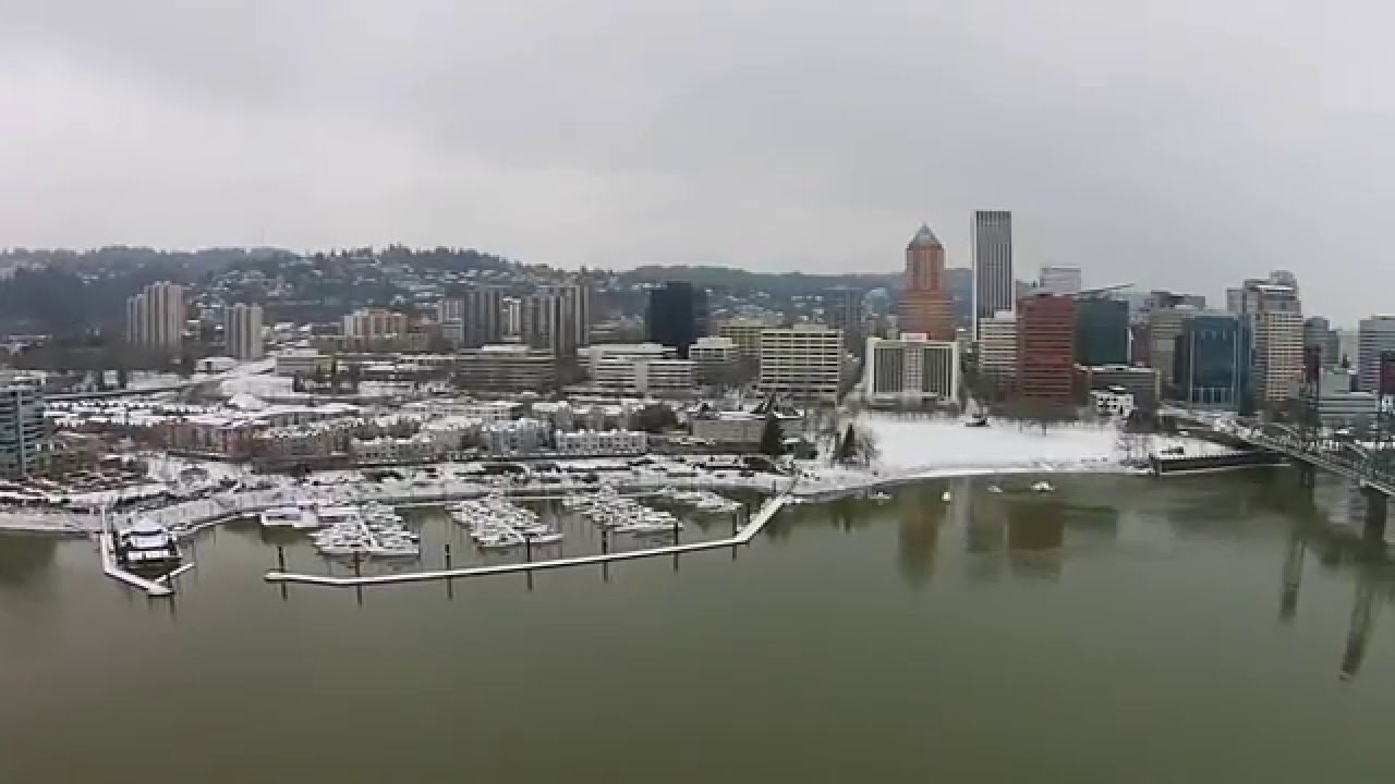 Portland, Oregon Snow Day - Drone View - RiverPlace Marina & Downtown ...