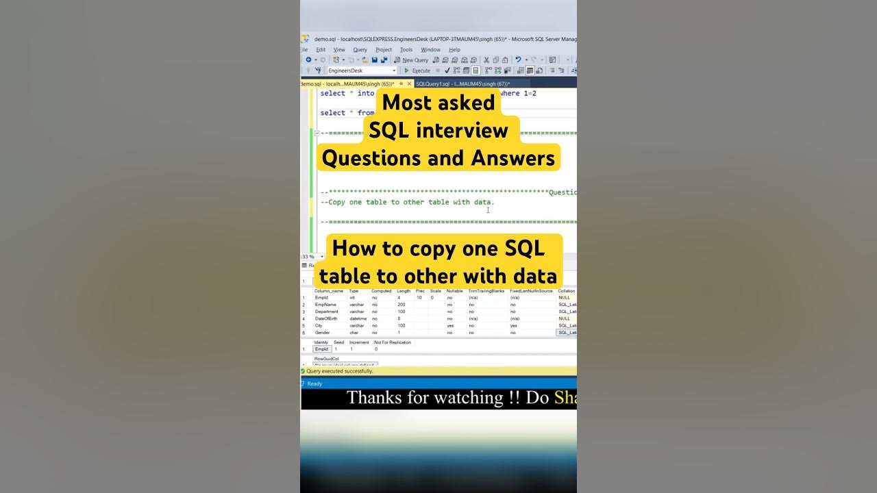 How To Copy One Sql Table To Other Table With Data Shorts Sql Sqlqueries Sqlinterview