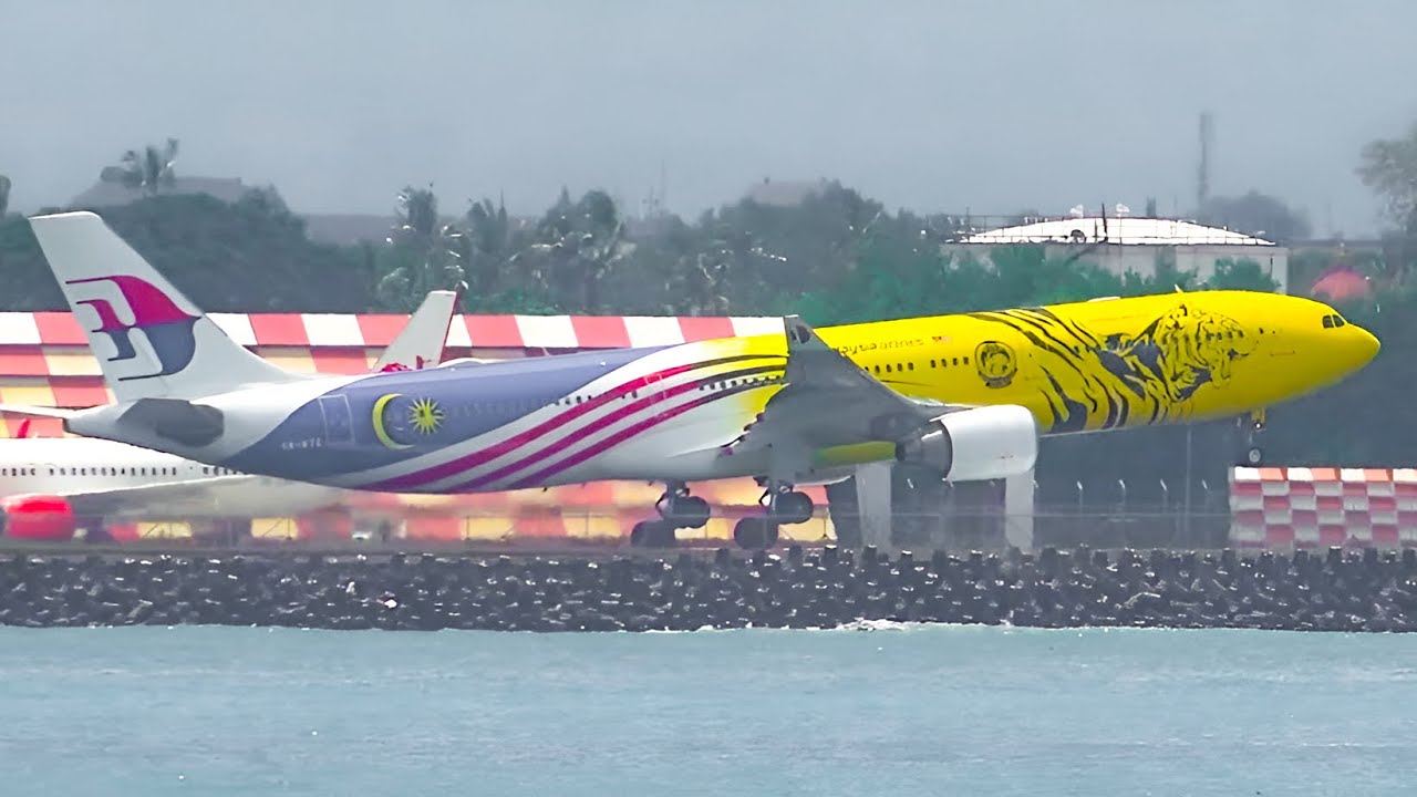 10 MINUTES GREAT LANDINGS at Secret Beach Bali Plane Spotting | Airbus ...