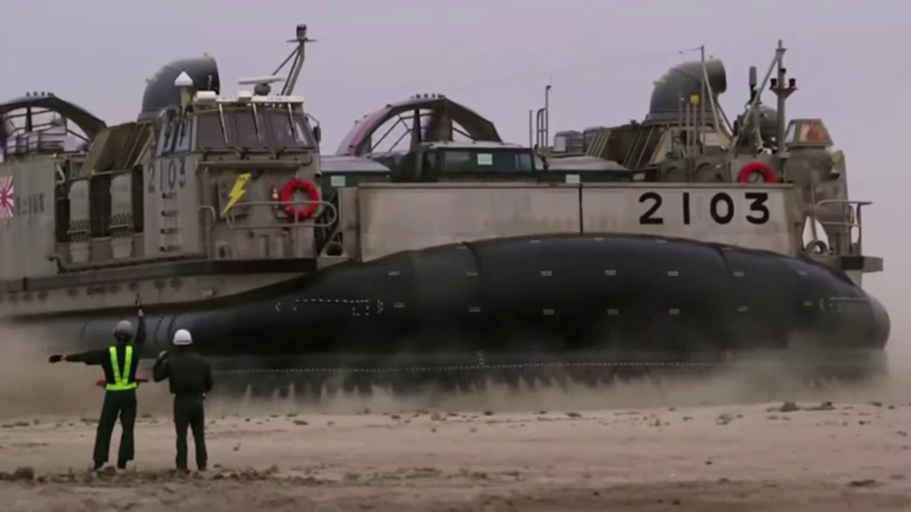 Japanese Navy Giant Hovercraft Beach Landing, Unload Vehicles and ...