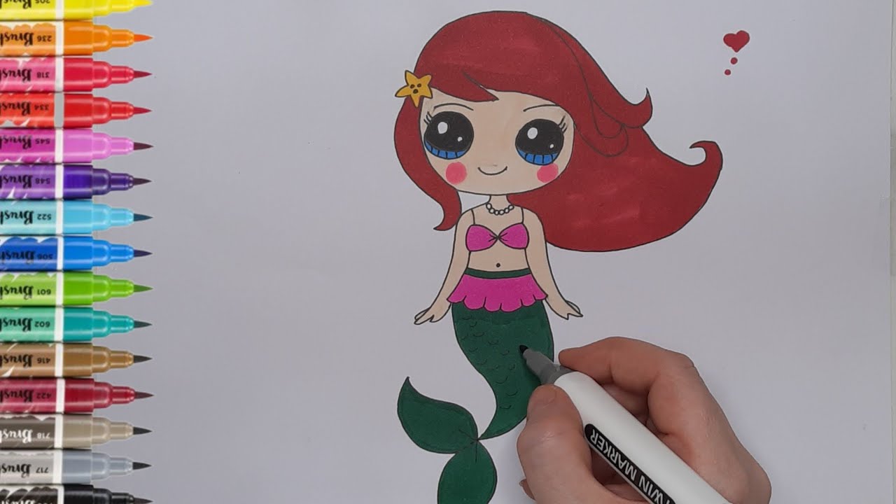 How to Draw and Color a Cute Mermaid 🧜‍♀️🌊🐚🌈 Drawings step-by-step for ...