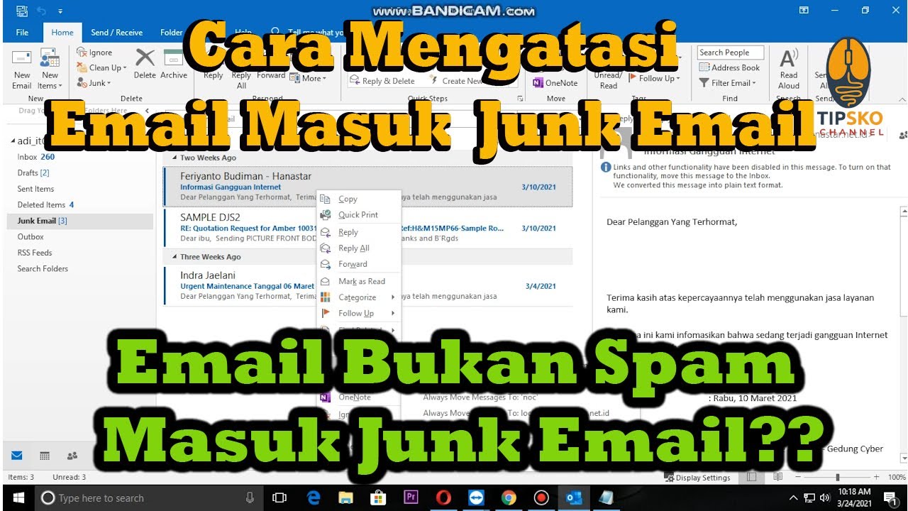 MENGATASI EMAIL YANG MASUK KE JUNK EMAIL! NOT JUNK EMAIL OUTLOOK 2016 ...