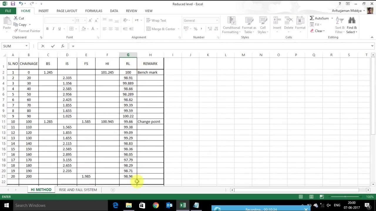 how to calculate Reduced Level (R L) in excel - YouTube