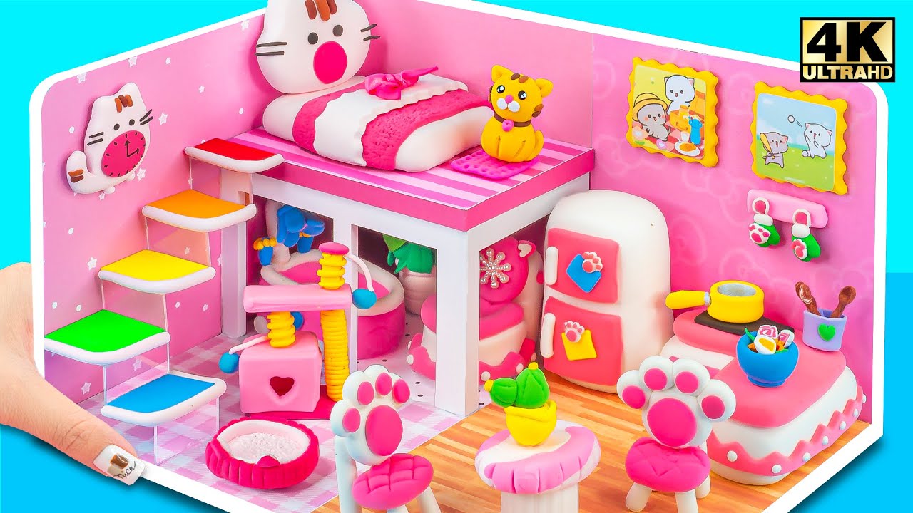 (EASY) Building Cute Pink Kitten Cat House using Polymer Clay for ...