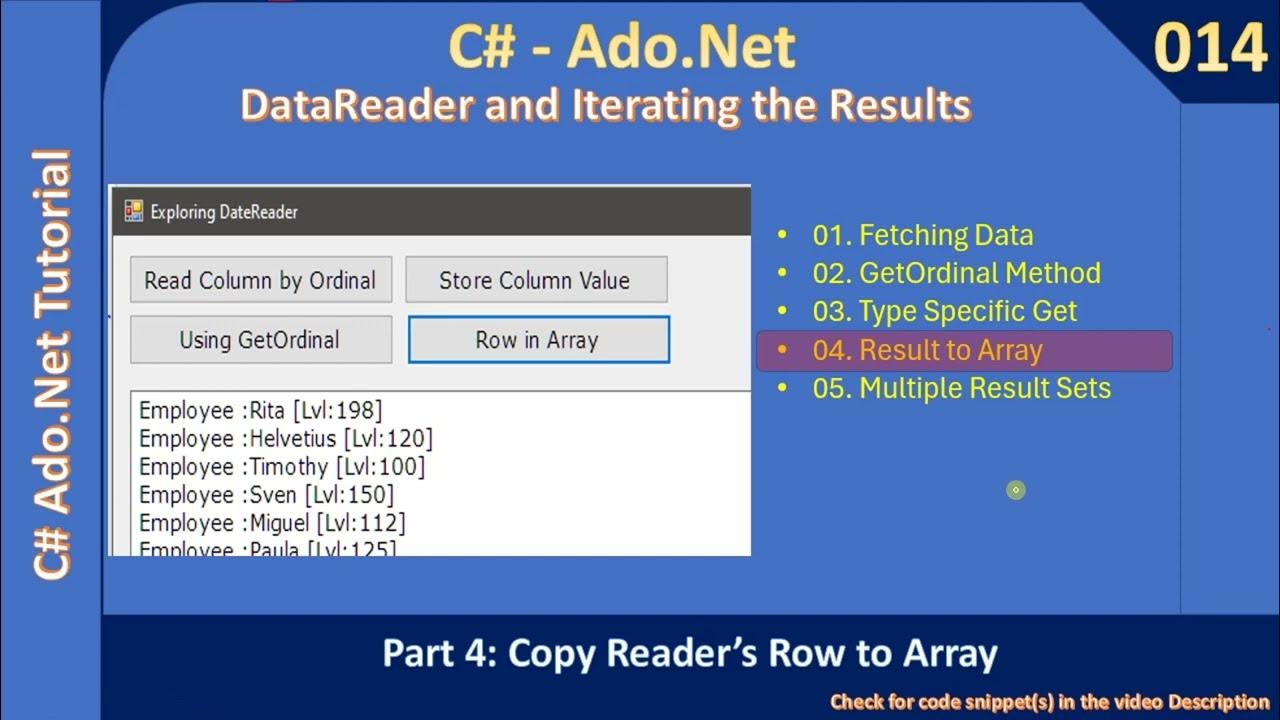 Datareader Part 4 Copy Reader S Row To Array Ado Net Tutorial 014 Youtube