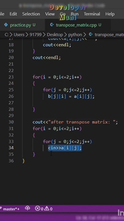 transpose of matrix ||c++ tutorial ||Array #like#share#shorts #shortsvideo #youtubeshorts #cpp ...