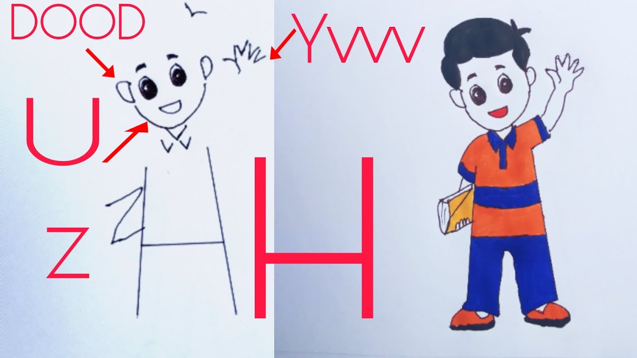 How to draw step by step a school boy with alphabets||Drawing cartoon ...