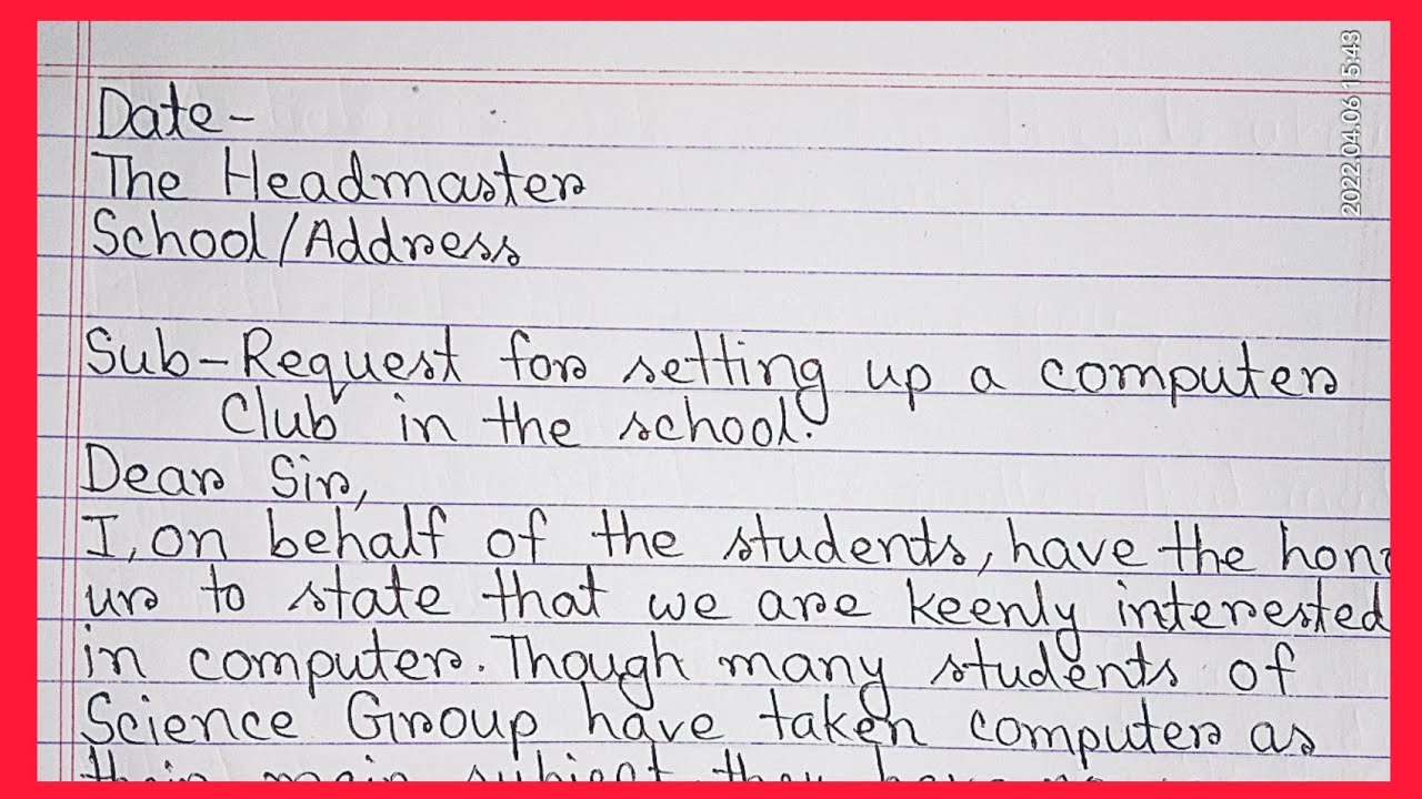 write a application request for setting up a computer club in the ...