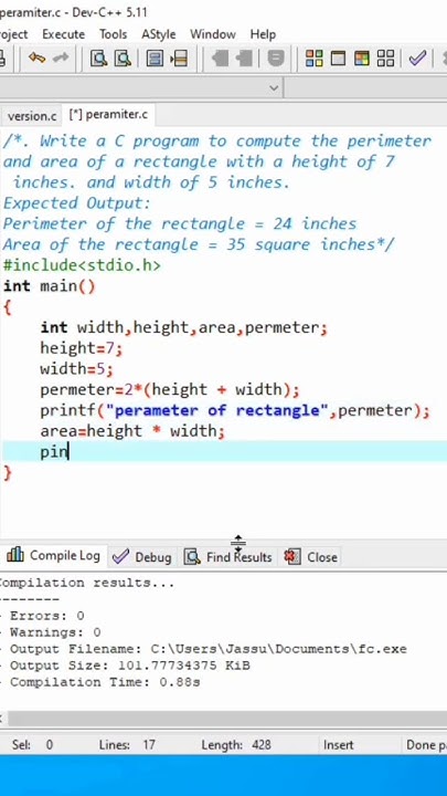 find parameters and area of rectangle in c - YouTube