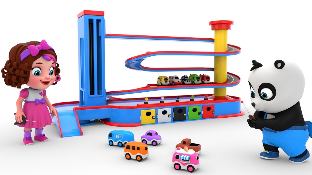 Pinky and Panda Play with Toy Slider Street Vehicles Parking - YouTube