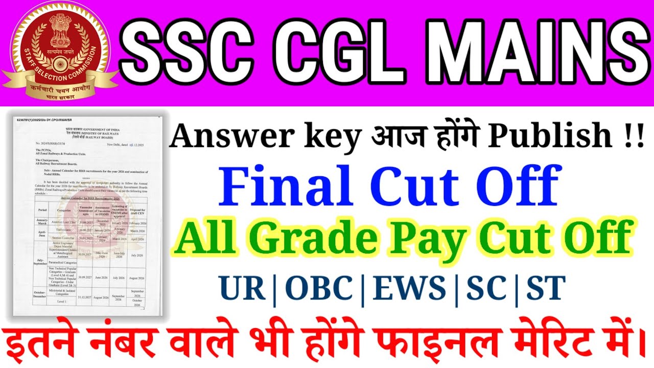 BIG Update | SSC CGL MAINS Answer Key Out | All Grade Pay cut off List ...