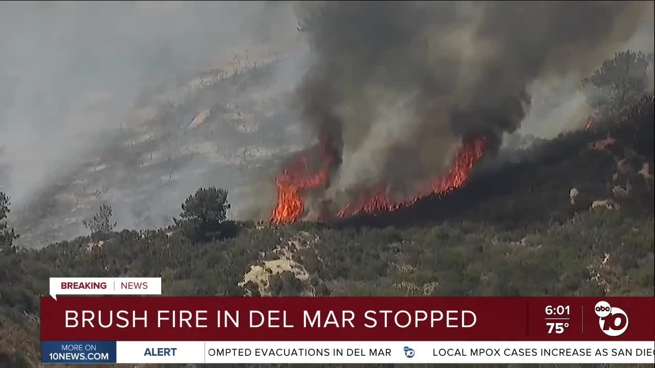 Firefighters stop progress of brush fire in Del Mar - YouTube