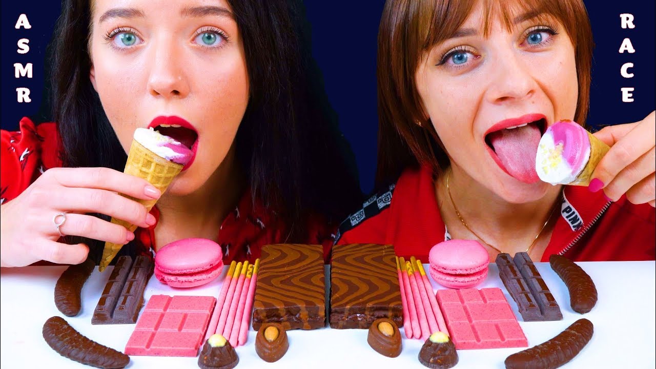 ASMR CHOCOLATE DESSERT RACE EATING CHOCOLATE ICE CREAM, MACARON, POCKY ...
