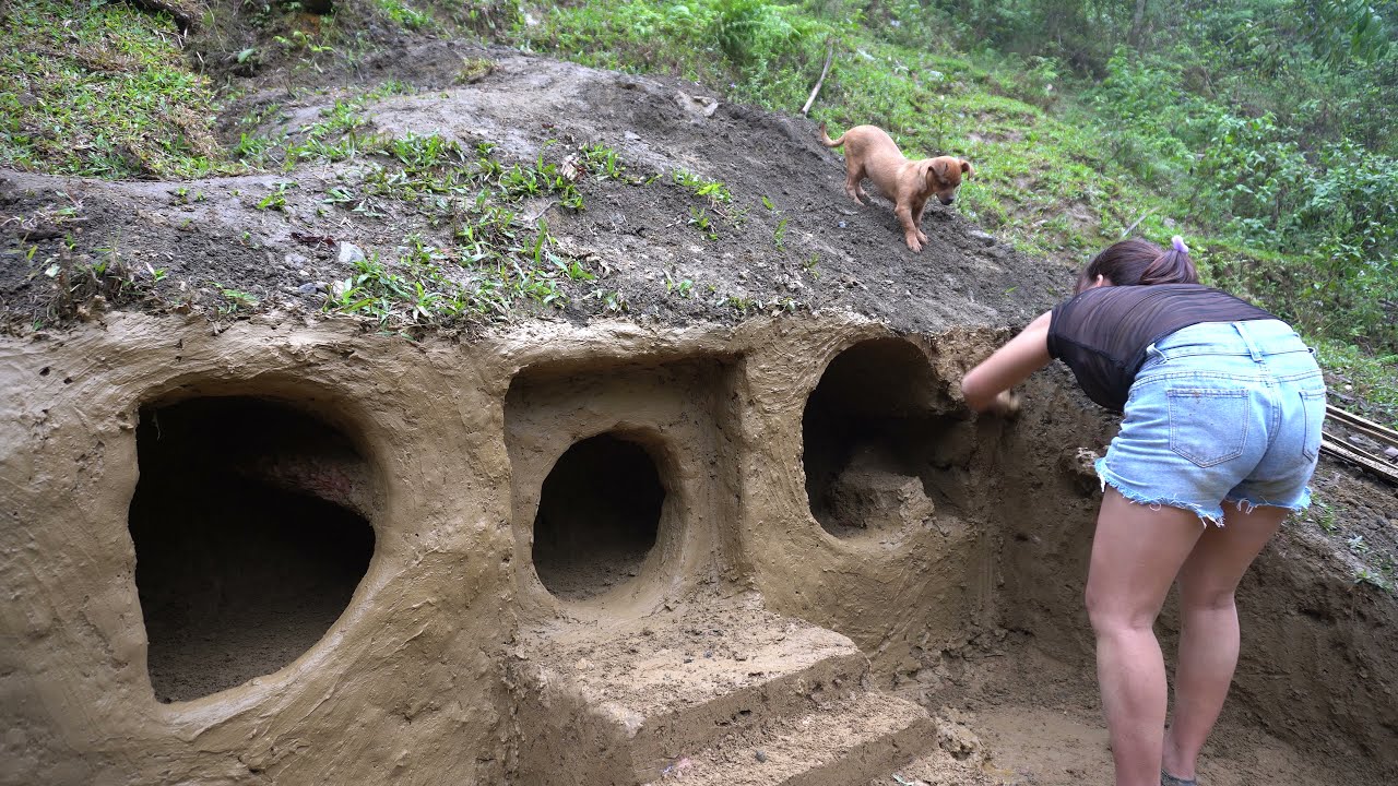 Bushcraft Camp, Dig Undergroud Shelter For Puppy, Survival Alone in the ...