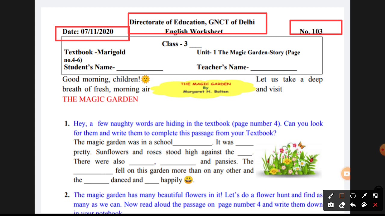 worksheet no 103, class 3, English , the magic garden ,worksheet by doe ...