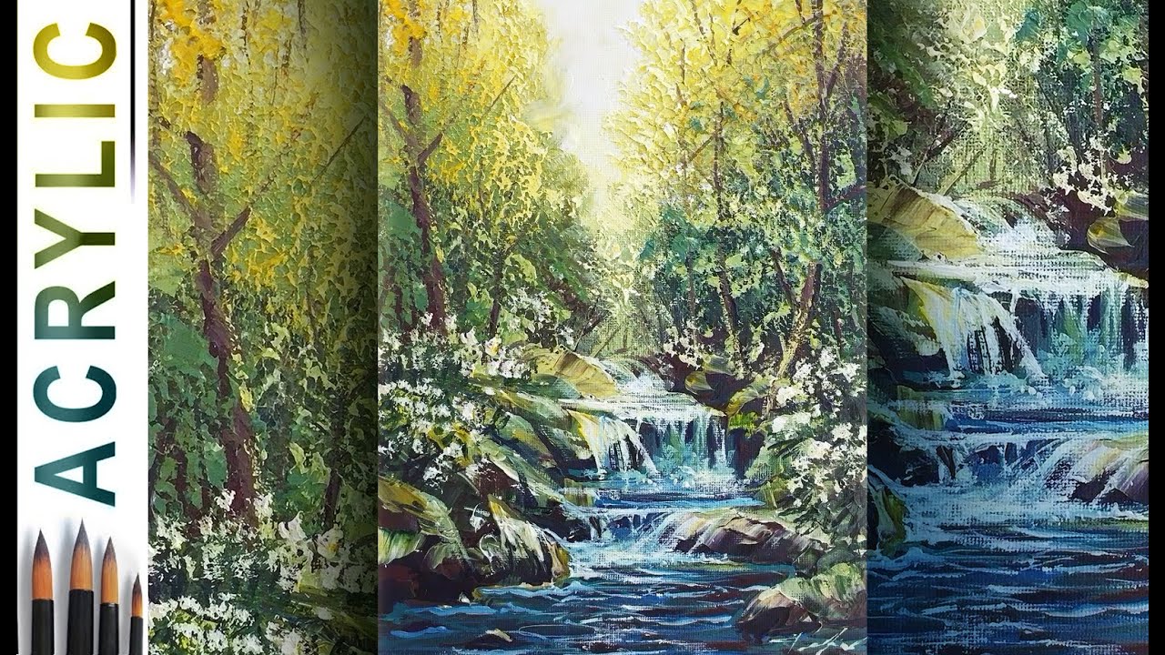 Forest waterfall. How to paint landscape 🎨ACRYLIC tutorial DEMO - YouTube