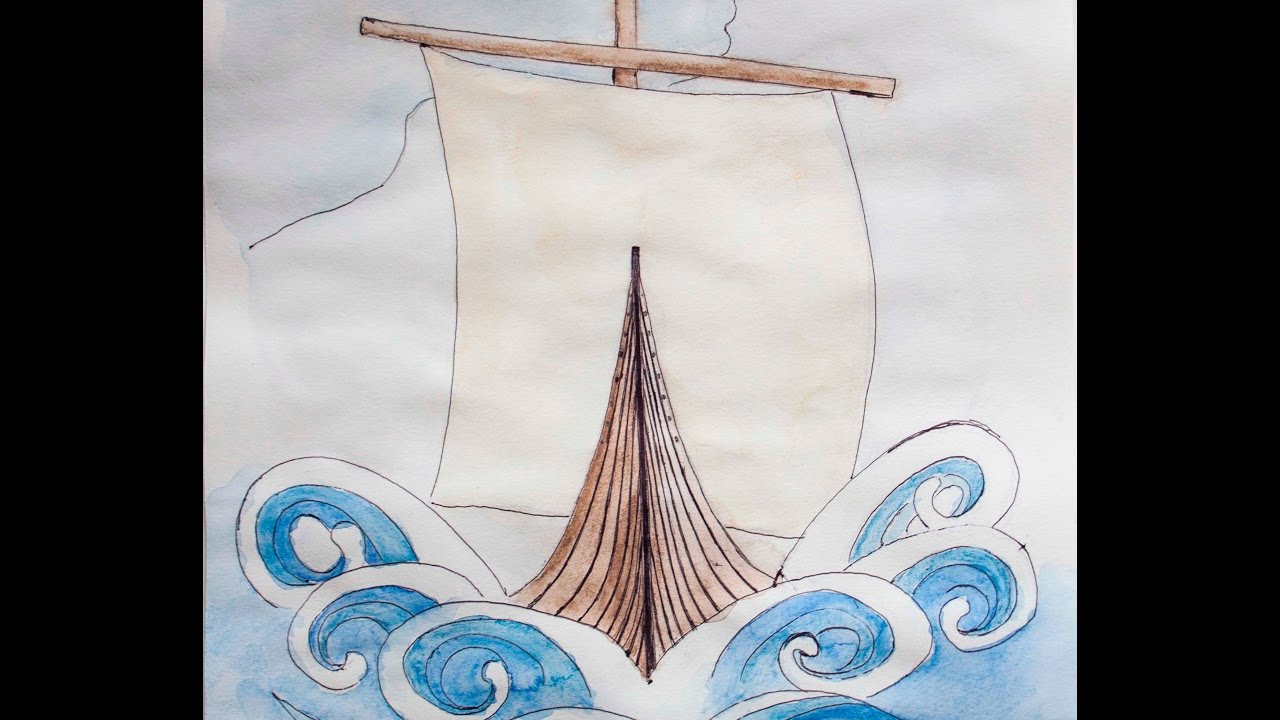 Drawing of a ship crashing through waves (Pencil, pen, brush, eraser ...