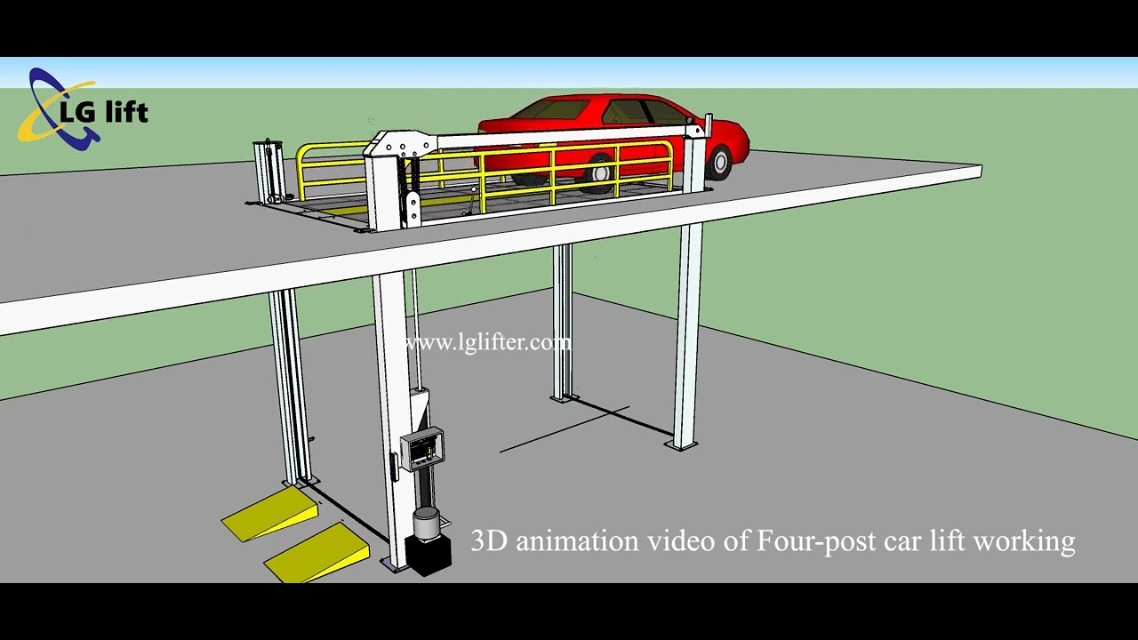 3D animation video of Four post car lift working - YouTube