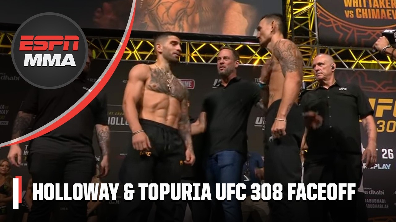 Max Holloway and Ilia Topuria EXCHANGE WORDS at UFC 308 ceremonial ...
