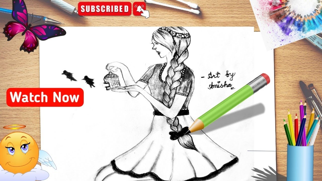 How to draw a sitting girl with birds || Girl pencil drawing step by ...