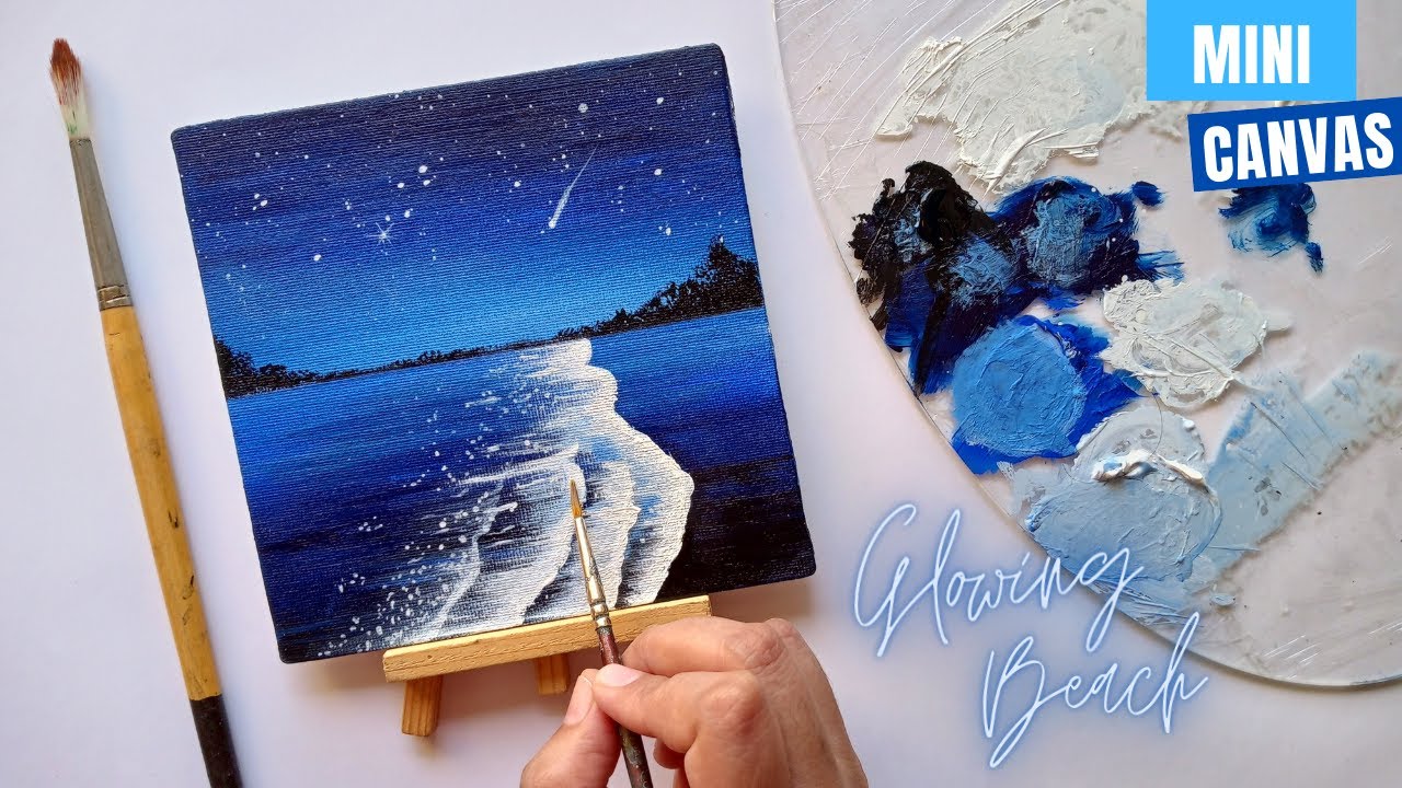 Glowing Night Beach Acrylic Painting For Beginners | Mini Canvas Starry ...