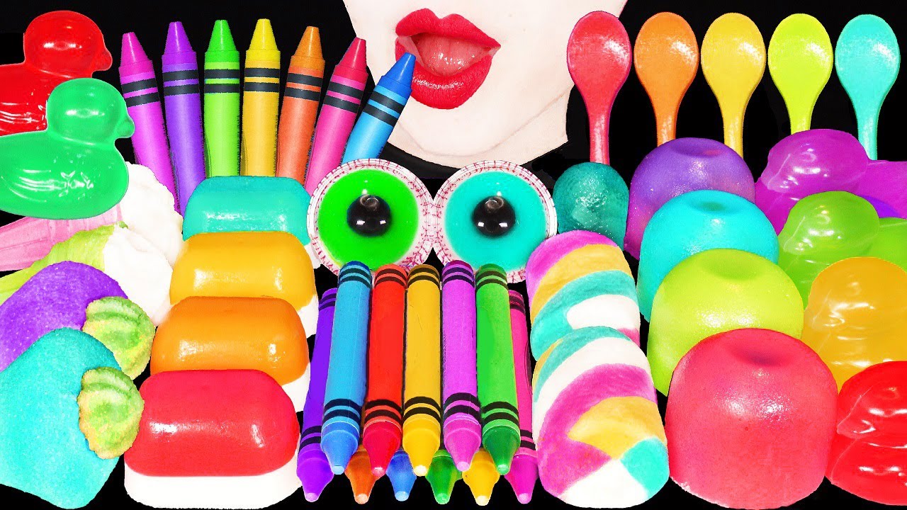 ASMR RAINBOW DESSERTS EDIBLE CRAYON CRUNCHY ICE FRUIT SNACK JELLY 무지개 ...