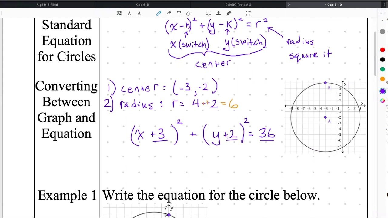 Geometry notes 6-10 Writing Standard Equations of Circles - YouTube