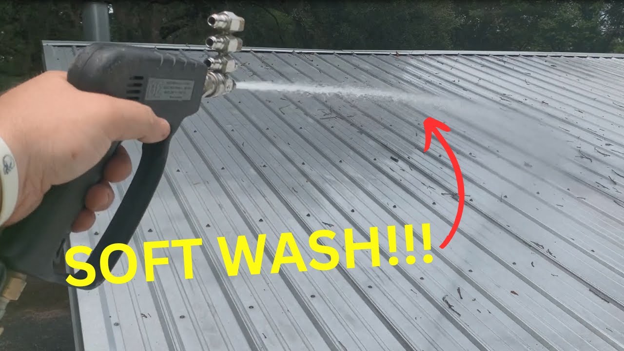 Soft Washing Another Metal Roof! (Be very careful!!) - YouTube