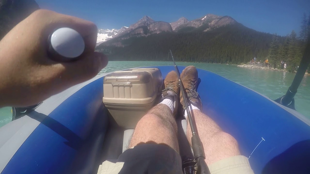 Launching my inflatable fishing boat in Lake Louise Banff - YouTube