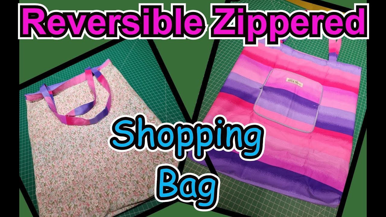 Fold-up zippered Shopping tote. Reversible, reuseable folding bag with ...