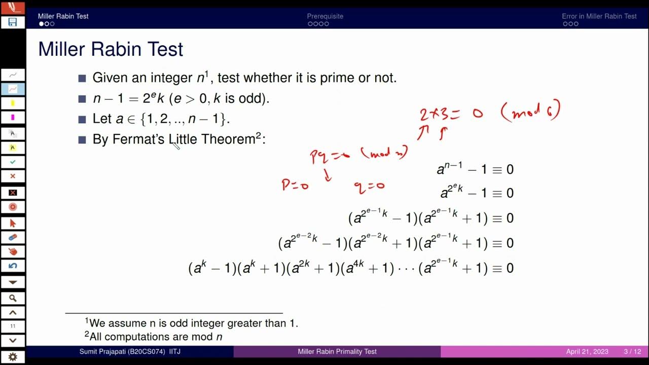 Miller Rabin Primality Test (with Proof of 1/2 error bound) - YouTube