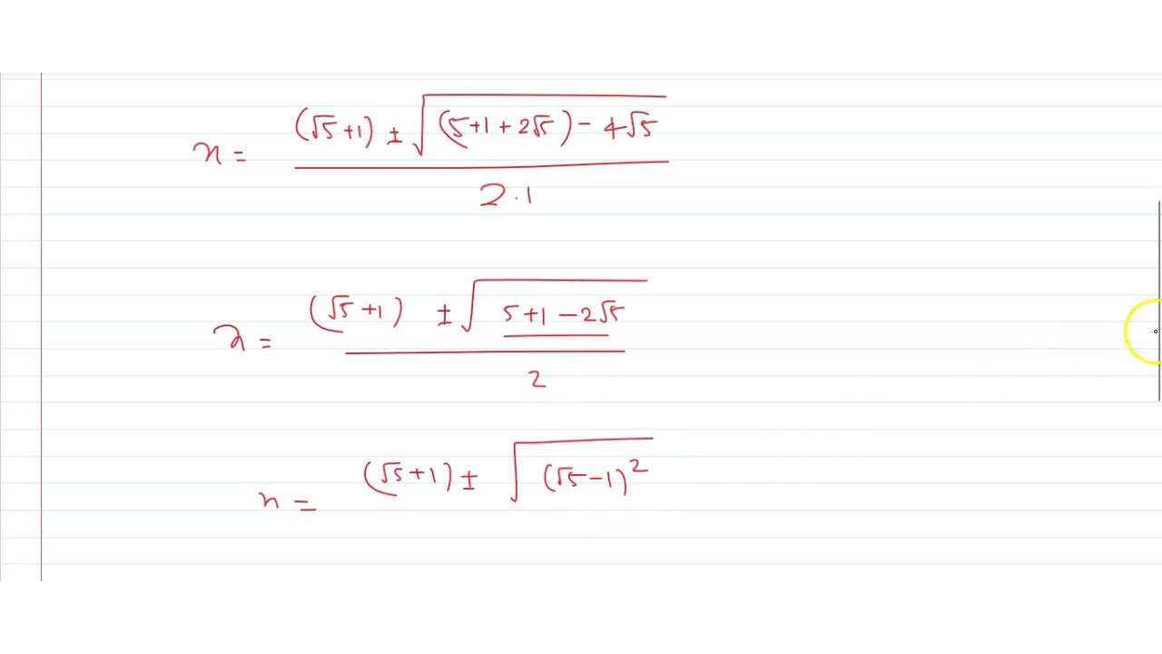 Solve for `x : x^2-(sqrt(5)+1)x+sqrt(5)=0` - YouTube