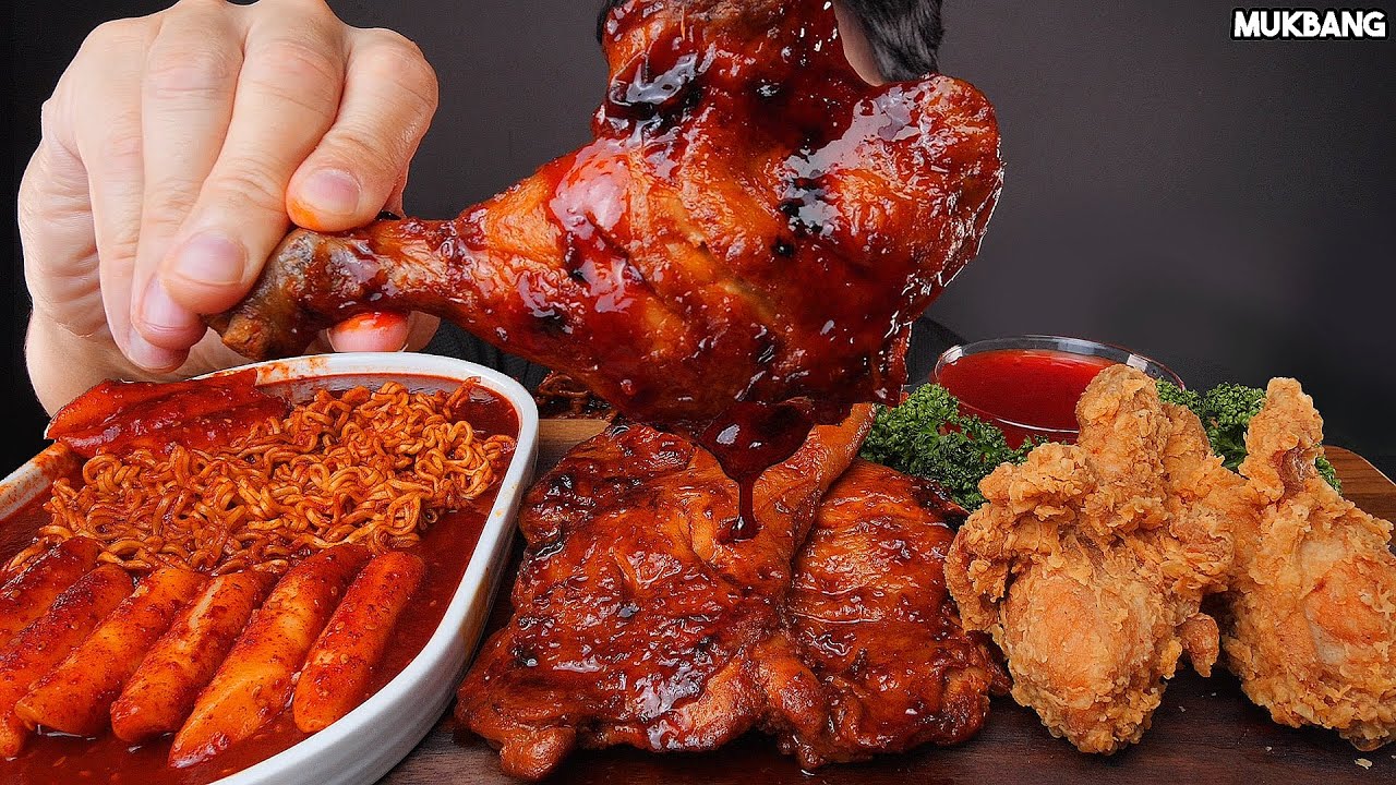 ASMR MUKBANG | BBQ CHICKEN 🍗 FIRE NOODLES SPICY TTEOKBOKKI EATING 자메이카 ...