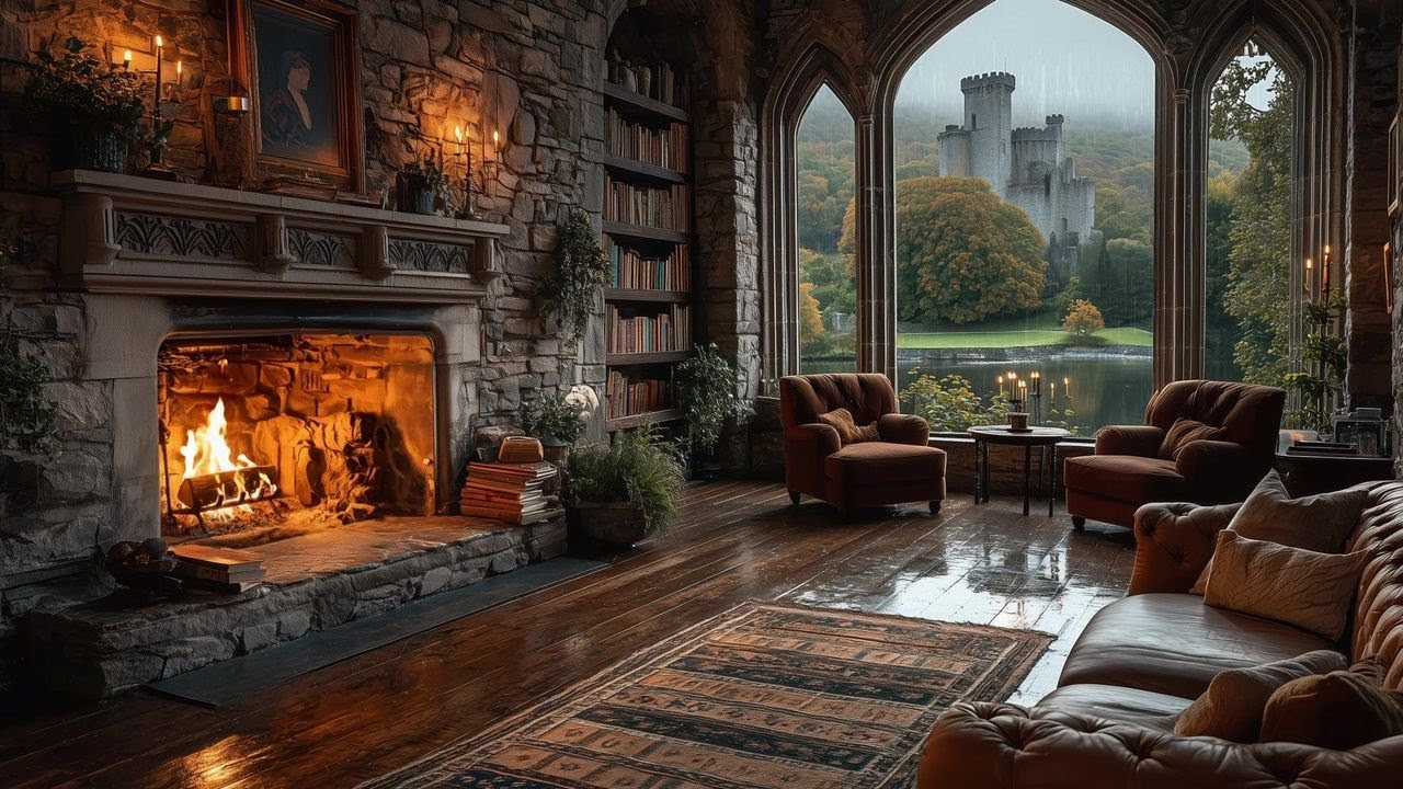 🍁 Rainy Autumn Castle Fireplace Ambience | Cozy Reading, Study ...