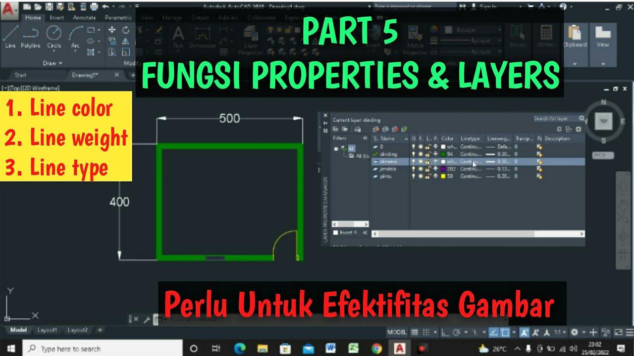 Tutorial Autocad 2020 Pemula, PART 5, Fungsi Properties & Layers - YouTube