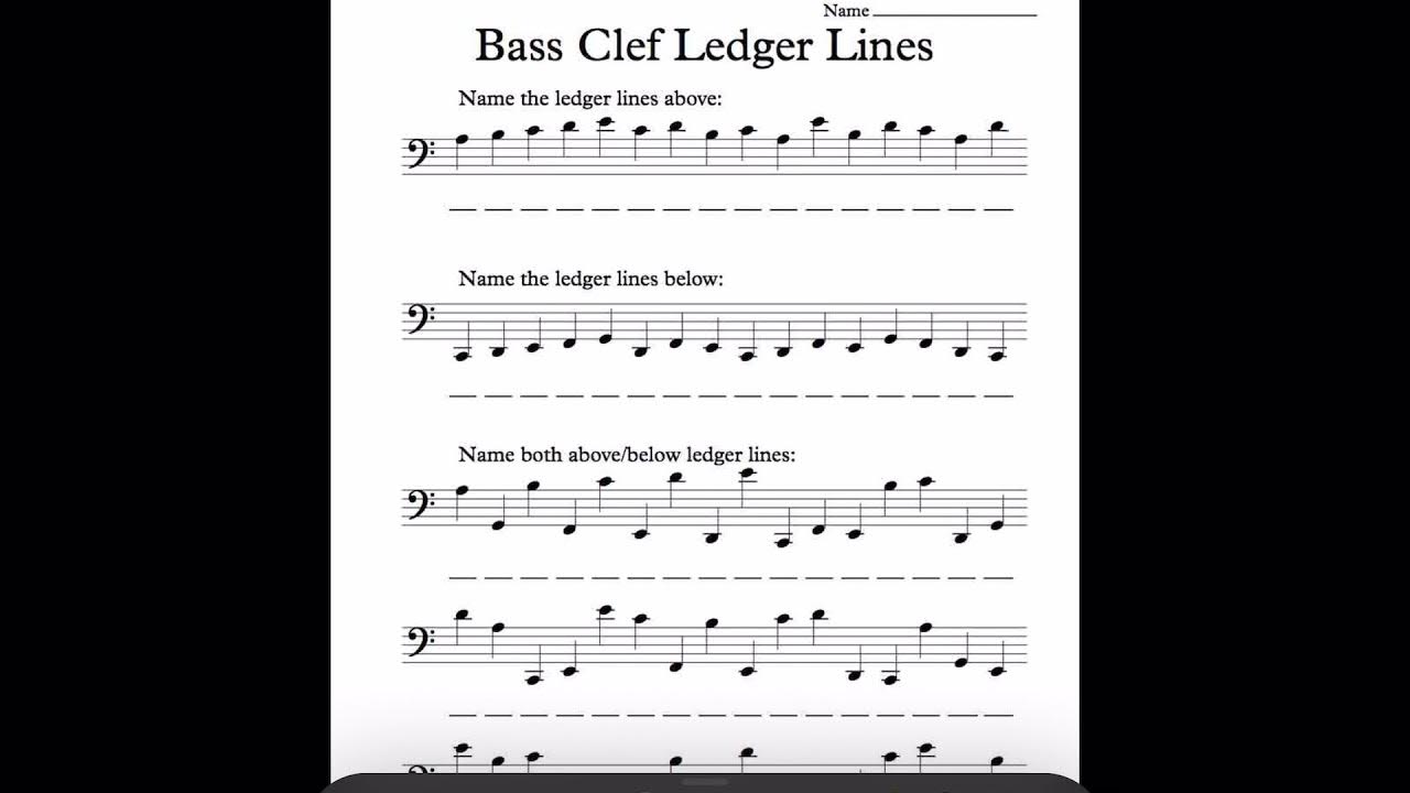 bass clef ledger lines worksheet - YouTube