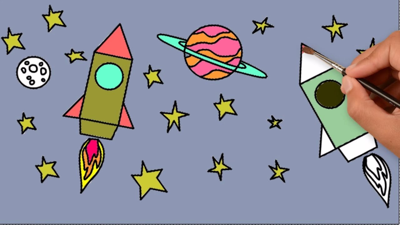 How to Draw and Color SPACE ROCKET WITH STARS, PLANET easily | Learn ...