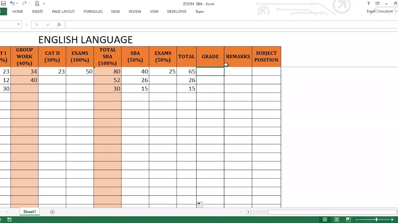 Spreadsheet Tutorial_ Total_grade_remarks and Position for SBA | Zoom class - YouTube