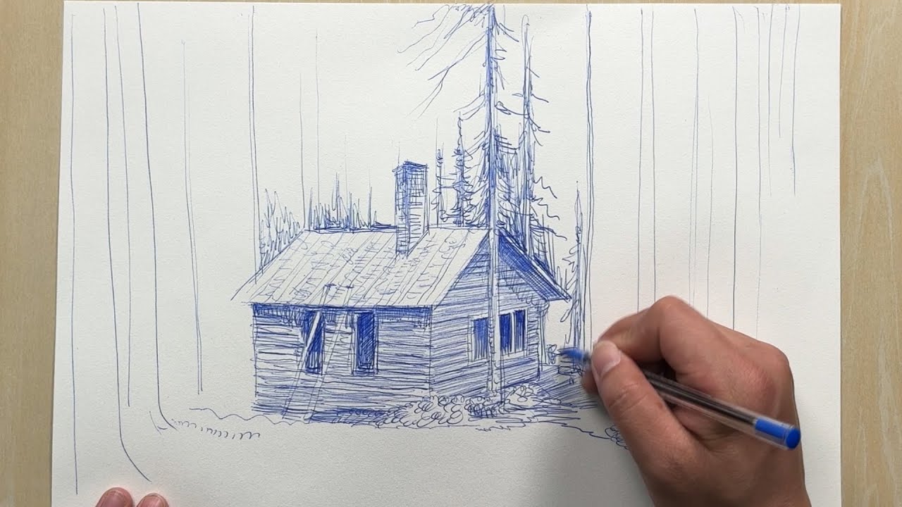 "Ballpoint Pen Drawing: Enchanting Forest Cabin in the Woods 🌲 " - YouTube