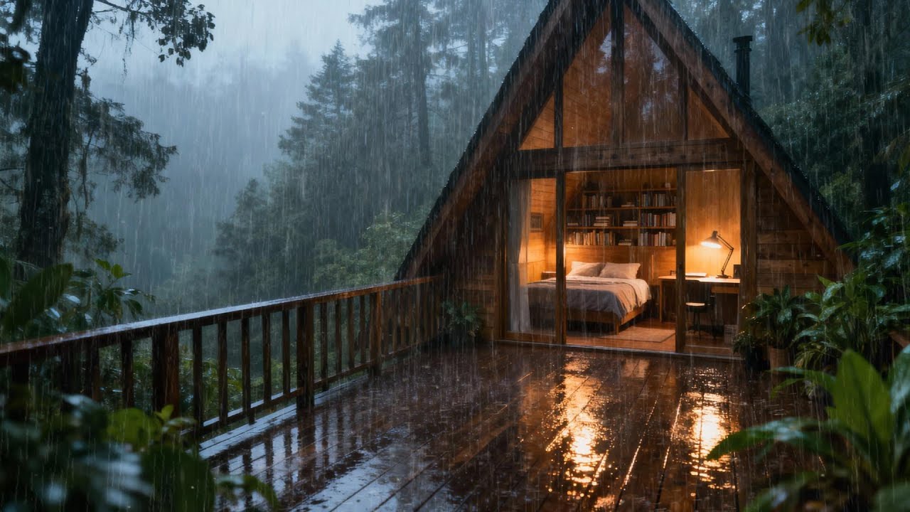 Rainstorm on a Forest Cabin Balcony 🌧️ Cozy Rain Ambience for Sleep ...